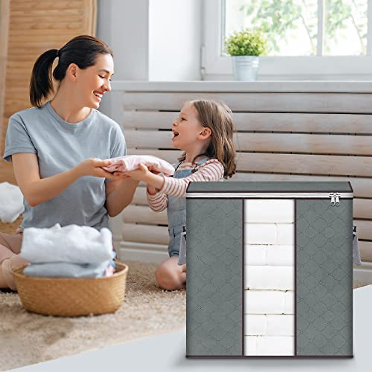 Large Storage Bags, 90L Clothes Storage Bins, Foldable Closet Organizers Storage Containers with Clear Window, Reinforced Handles, Thick Fabric for Blankets, Comforters, Clothing, Bedding, 6 Pack