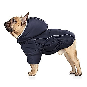 Lelepet Dog Fleece Hoodie, Winter Dog Hoodie Dog Jacket, Windproof Reflective Dog Winter Coat for Cold Weather Fleece Padded Warm Dog Clothes for Small Medium Dogs, Detachable Hood（XL, Navy Blue