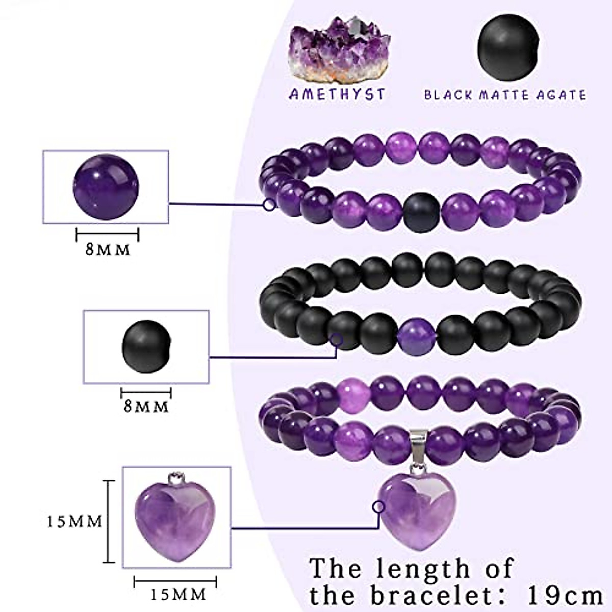 Vinswet Healing Crystal Beaded Bracelets for Women,Natural Amethyst Black Agate Gemstones Bracelet,Anxiety Stress Relief Heart Charm Bracelet Handmade purple Jewelry Gifts for Women (3pcs)