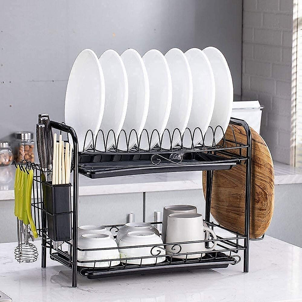 Plate Rack Dish Drainer Rack 2-Layer Chrome Kitchen Drainer Organizer with Utensil Holder/Drain Board/Cutting Board Bracket 2-Layers Pan Plate Holder (Color : Black, Size : 56x23x35cm)