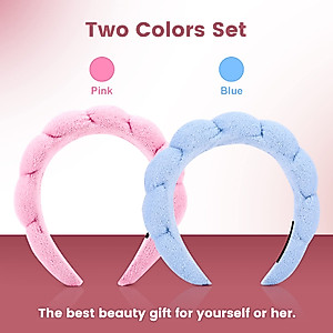 XBagSJ 2Pack SPA Headband for Washing Face, Puffy Headband, Face Wash Headband and Wrist Washband Set, Soft and Comfortable, Makeup, Shower, Skin Care headbands for Women Girls（Pink & Blue）