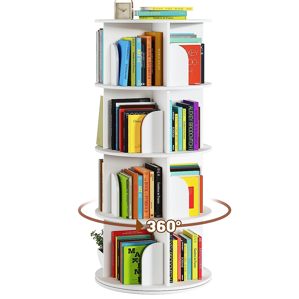 DAOTENGQL 4 Tier Rotating Bookshelf, 360 Spinning Corner Bookcase Tower, Floor Standing Book Shelf Organizer for Bedroom and Living Room, Round Bookshelf for Small Space, Easy to Assemble (White)