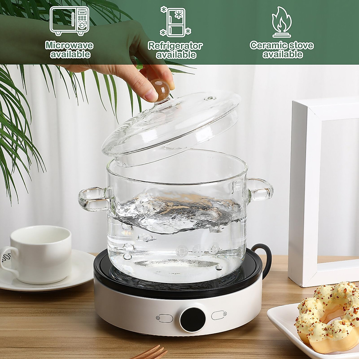 Glass Saucepan Heat- Resistant Borosilicate Glass Soup Pot Clear Pasta Instant Noodle Pot Pan Stew Cooker Baby Food Hot Pot with Lid 1900ml