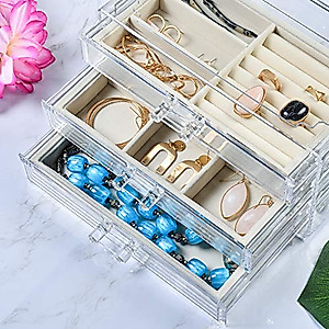 Acrylic Jewelry Organizer Box by Tranquil Abode | Clear Jewelry Box Organizer | 3 Tall Drawers, Velvet Trays | Stackable Display Case Jewelry Storage for Women | Jewelry Organizer Earring Ring Necklace