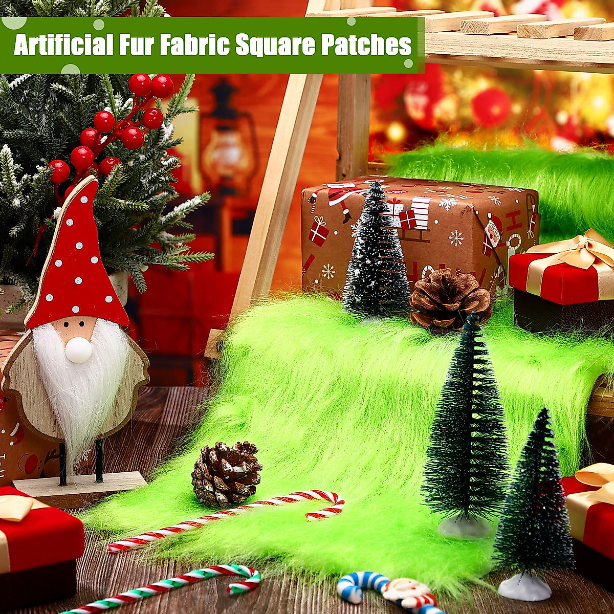 4 Pcs Christmas Faux Fur 10 x 20 Inch Faux Fur Fabric Squares Shaggy Fluffy Fabric Patches Ultra Soft Plush Craft and Hobby Fabric Craft Supply, Halloween Costume, Decoration (Green)