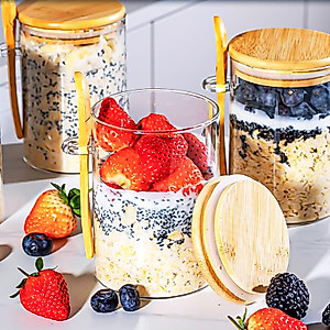 Linkidea 4 Pack Minimalist Overnight Oats Jar Set, 18.5 oz Rectangular Glass Containers with Lid and Spoon, Air Insulated Meal Prep Containers for Oats/Yogurt/Cereals Storage