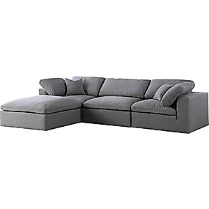 Meridian Furniture Serene Collection Modern | Contemporary Deluxe Comfort Modular Sectional, Soft Linen Textured Fabric, Down Cushions, 2 Corner + 1 Armless + 1 Ottoman, Grey