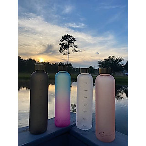 Water Bottle with Time Marker, 32oz 1 Liter, BPA Free Frosted Plastic, Reusable Water Bottle, Leakproof (Clear-White)