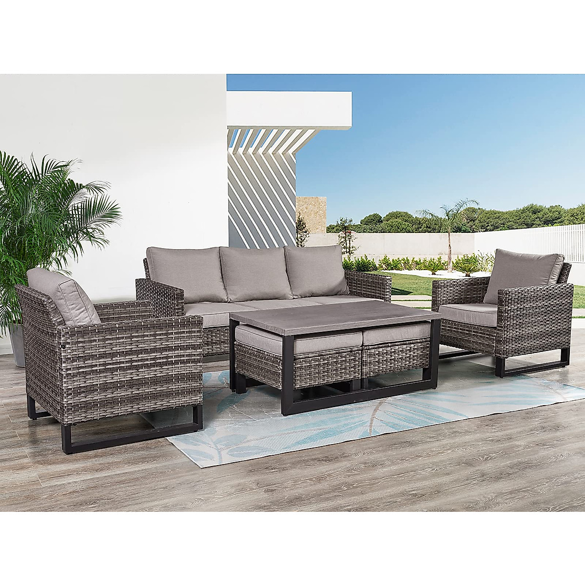 HUMMUH 6 Piece Patio Furniture All Weater Wicker Outdoor Sectional Sofa,High Back Patio Chairs,Coffee Table and Ottomans Set for Porch,Garden,Backyard