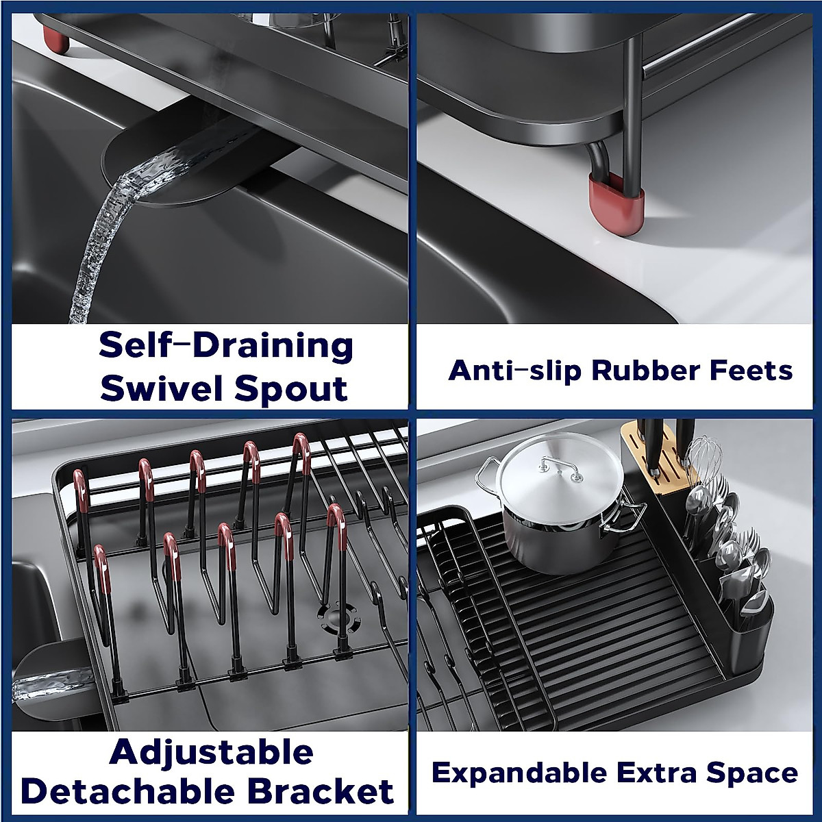 Dish Drying Rack, Expandable(19.3"-26") Dish Rack with Drainboard Set, Extra Large Rustproof Drying Rack for Kitchen Counter, Big Dish Drainers Dryer Racks for Dishes Drain with Utensil & Knife Holder