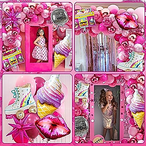 Pink Balloon Garland Arch Kit Hot Pink Rose Gold Metallic Balloons Silver Disco Roller Skate Radio Ice Cream Balloon for Girl's Birthday Party Decorations Pink Princess Doll Theme Party Supplies