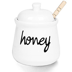 Honey Jar with Dipper and Lid, Ceramic Honey Pot 12oz, White