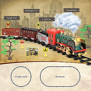 Sopu Train Sets for Kids, Electric Train Toy with Steam Locomotive Engine, Railway Kits, Cargo Cars & Tracks and Smokes, Lights & Sound Best Christmas Train Set for Boys Girls 3 4 5 6 7 8 9 10+ Years