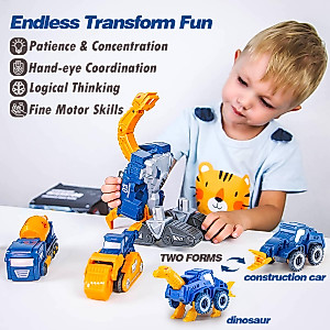 Construction Trucks Toy Dinosaur Vehicles Magnetic Set, 5-in-1 Educational STEM Building Car Kit, Transform to Big Robot, Holiday Birthday Present for Toddler Kid 3 4 5 6 7 Year Old Boys Girls