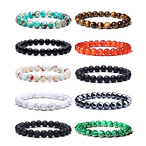 BOMAIL 10Pcs 8mm Natural Stone Beaded Bracelet Set for Men Women Semi-Precious Gemstone Beads Bracelets Matte Lava Rock Volcanic Tiger Eye Stone Yoga Healing Energy Crystal Stretch Bracelets Set