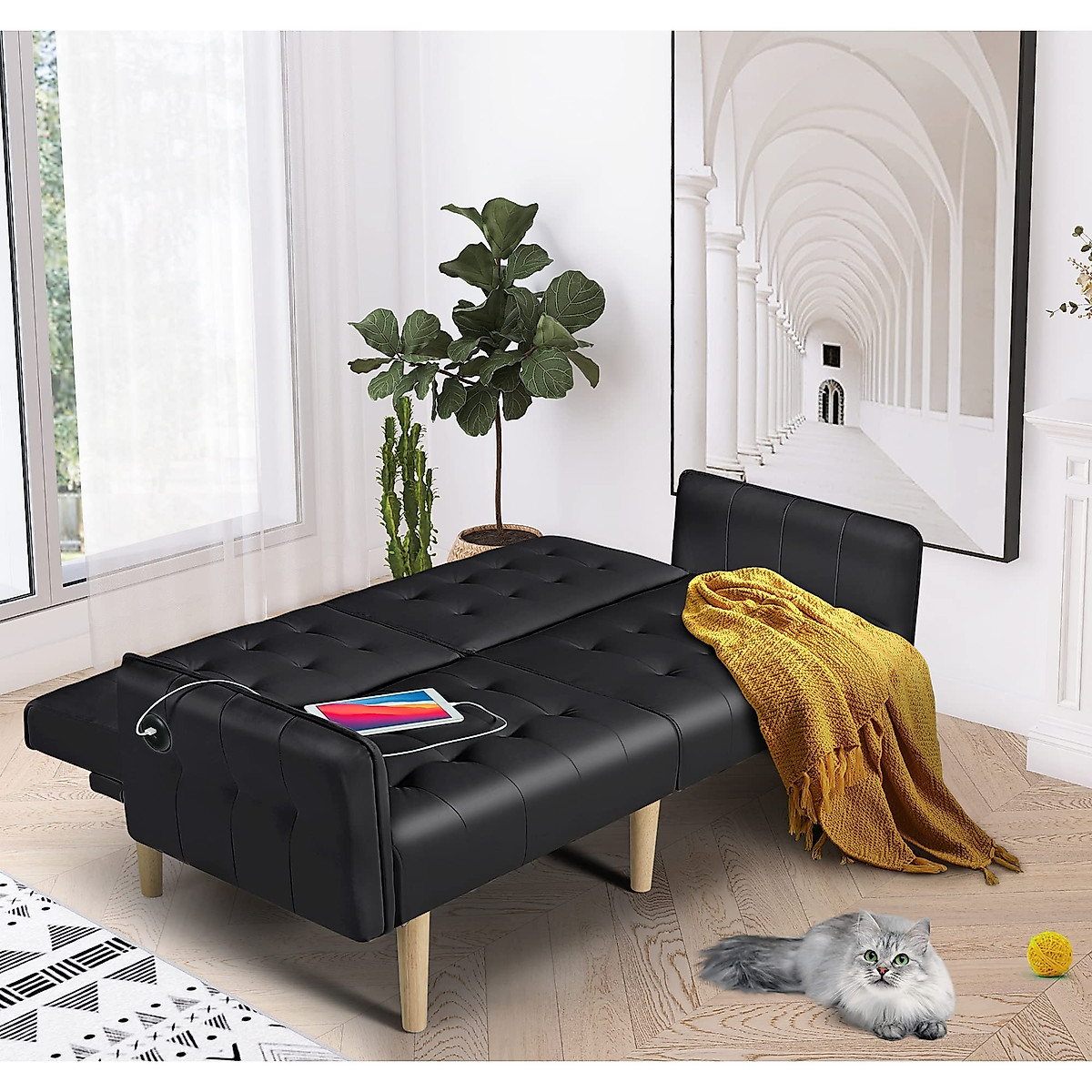 TYBOATLE Faux Leather Convertible 65'' Folding Futon Sofa Bed w/ 2 USB, Loveseat for Small Space, Apartment, Dorm, Living Room, Office, Black