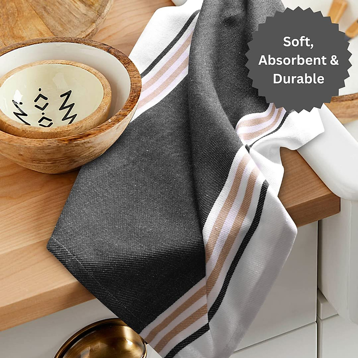 Urbana Cotton Set of 12 Assorted Waffle Kitchen Towels 100% Cotton Super Soft Absorbent Reusable Cleaning Cloths Machine Washable Weave Tea Towel with Hanging Loop (Black, 16 X 26 Inches)