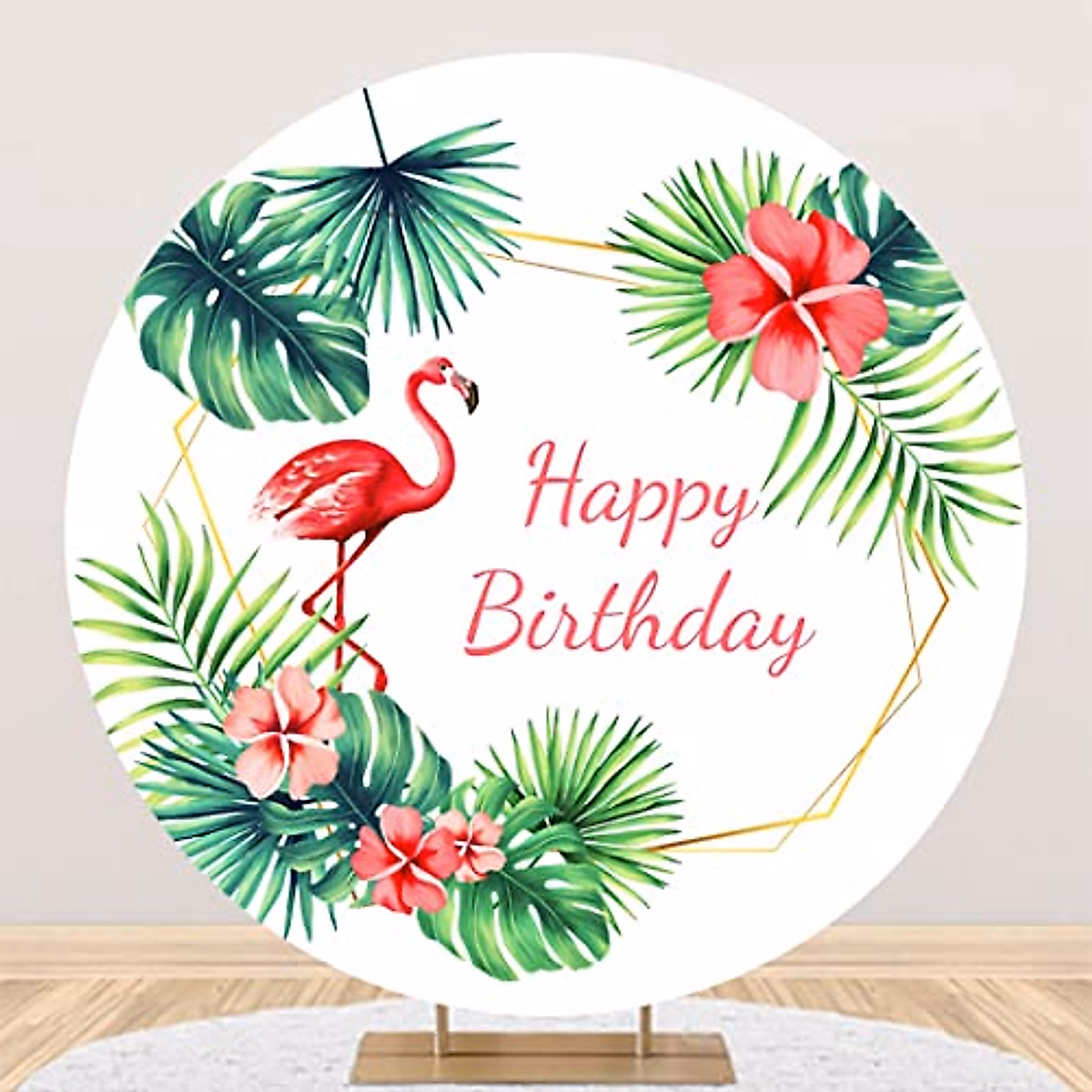 AWERT Polyester Diameter 5ft Flamingo Birthday Round Backdrop Summer Tropical Hawaiian Floral Plam Flower Photography Background Boy Girl Party Baby Shower Decorations Photo Booth Props