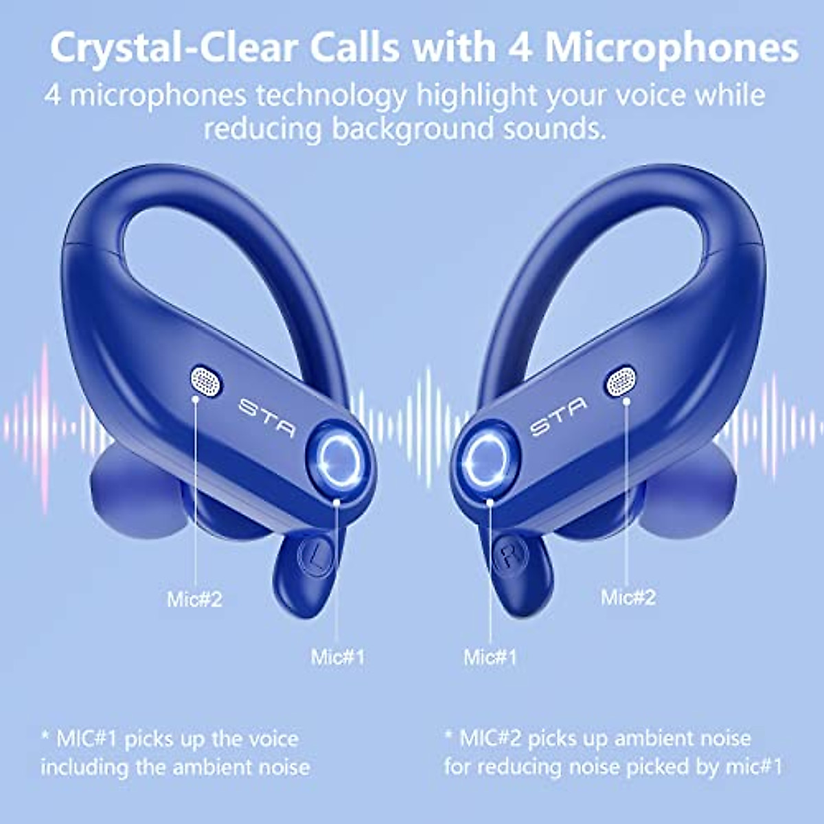 STADOR Bluetooth Headphones 4-Mics Clear Call 100Hrs Playtime with 2200mAh Wireless Charging Case Wireless Earbuds Sweatproof Waterproof Over Ear Earphones for Sports Running Workout Gaming Blue