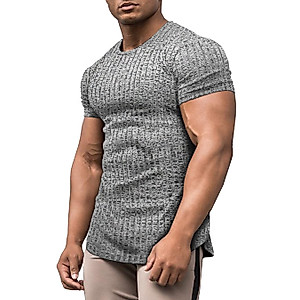 URRU Men's Muscle T Shirts Stretch Short Sleeve Bodybuilding Workout Casual Slim Fit Tee Shirts Grey M