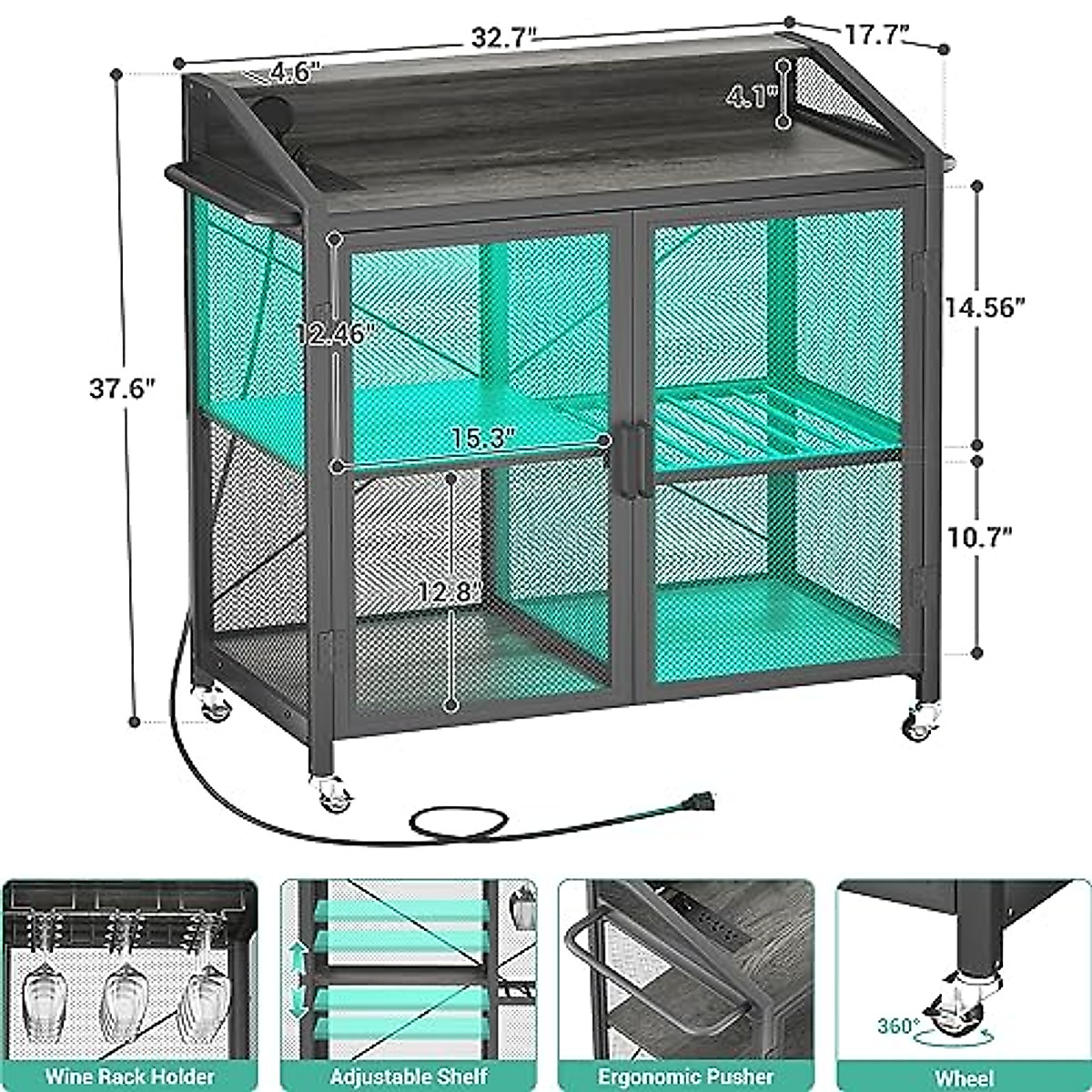 Cyclysio Sideboard Buffet Cabinet with Power Outlets, Wine Bar Cabinet with LED Lights Kitchen Cabinet Modern Accent Buffet Cabinet with Door for Bedroom, Living Room, Kitchen, Office Grey