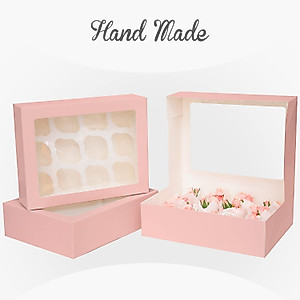 12 Cupcake Containers 10-Packs Pink Cupcake Box Cupcakes Carrier, 12 Cupcake Boxes with Window 13"x10"x3.5"（Auto-pop up）