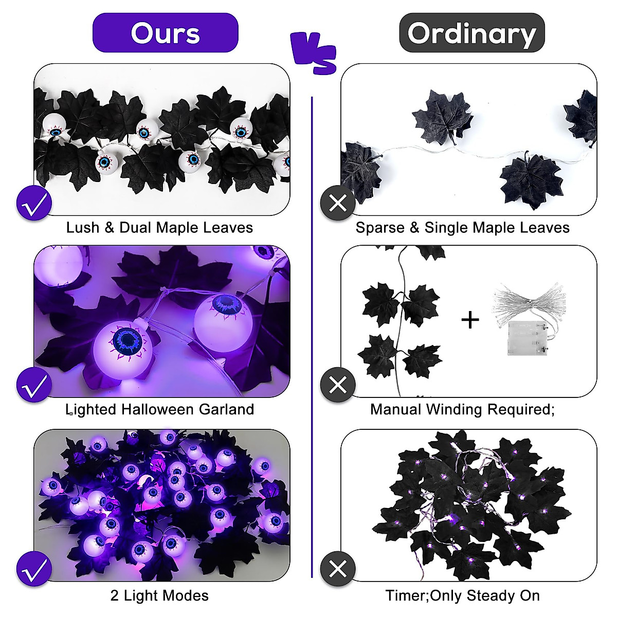 Ouddy Decor 2 Pack Lighted Halloween Garland, Total 20 FT 60 LED Black Maple Leaves Garland with Eyeballs Lights Waterproof Timer Battery Operated for Indoor Outdoor Home Halloween Decorations, Purple