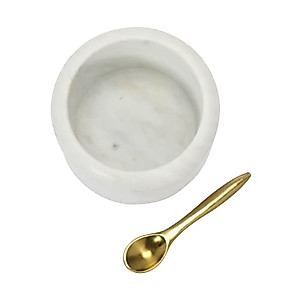 Creative Co-Op Marble Pinch Pot with Brass Spoon, Set of 2 Serveware, 4"L x 4"W x 3"H, White