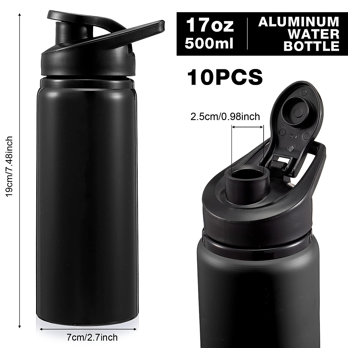 Gandeer 10 Pcs Aluminum Water Bottle 17 Oz Reusable Bike Snap Lid Metal Water Bottle Lightweight Portable Sports Leak Proof Gym for Travel Camping Hiking(Black)