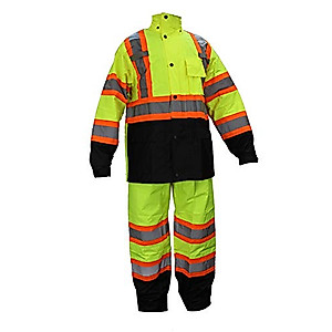 New York Hi-Viz Workwear RK Safety RW-CLA3-TLM55 Class 3 Rain suit, Jacket, Pants High Visibility Reflective Black Bottom with X pattern (Large, Lime)