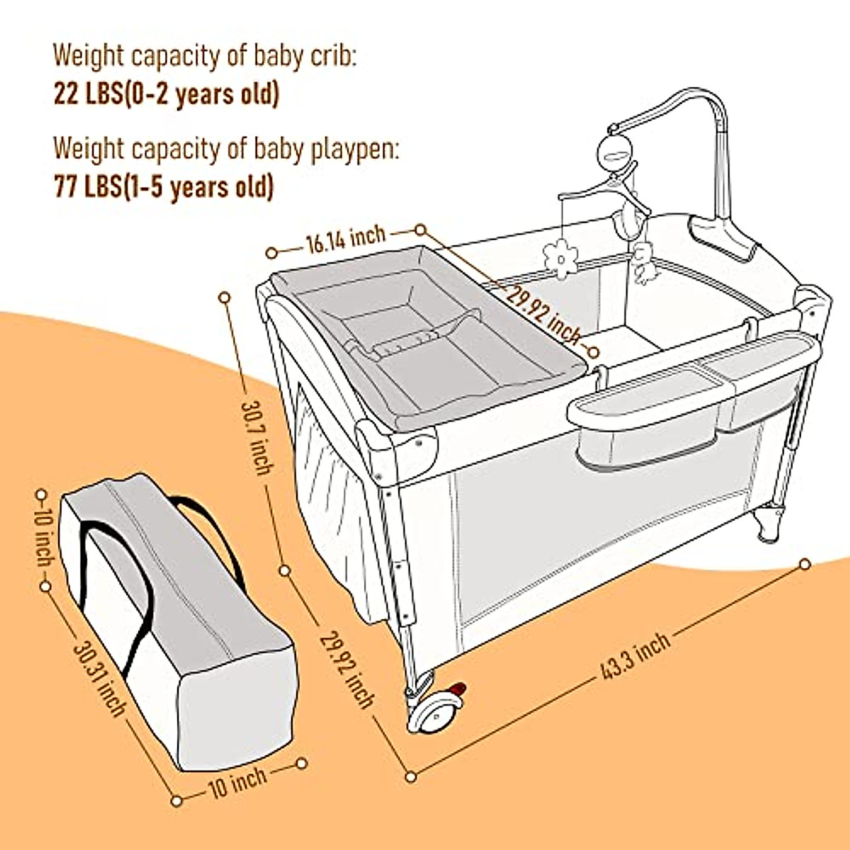 Jaoul Baby Bassinet Bedside Sleeper Baby Crib, Pack and Play with Bassinet and Changing Table, Portable Travel Baby Playpen with Bassinet Toys & Music Box, Mattress for Girl Boy Infant Newborn Gray