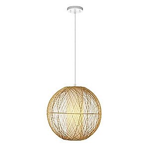 Globe Electric 61014 1-Light Pendant, Natural Rattan Shade, White Inner Fabric Shade, Designer White Cloth Cord, Bulb Included