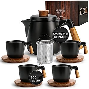 MIAMIO – 34 Oz Ceramic Tea Pot Set with Infuser and Cups/Tea Strainer, 4 Ceramic Tea Mugs (10 Oz), Bamboo Saucers/Handle for Home and Office (Black)