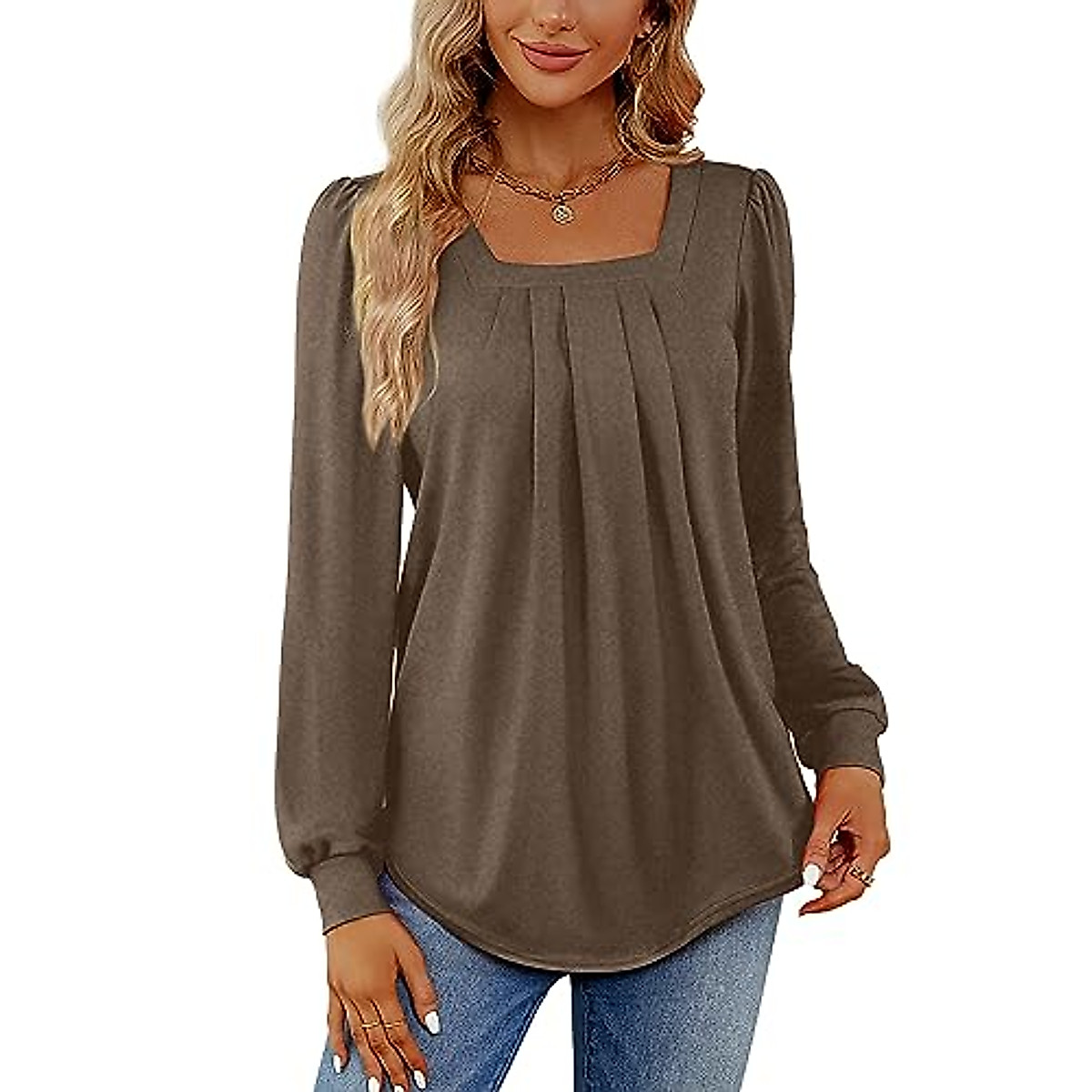 Funlingo Long Sleeve Shirts for Women Trendy Casual Tops Solid Color Elegant Business Blouses Coffee L
