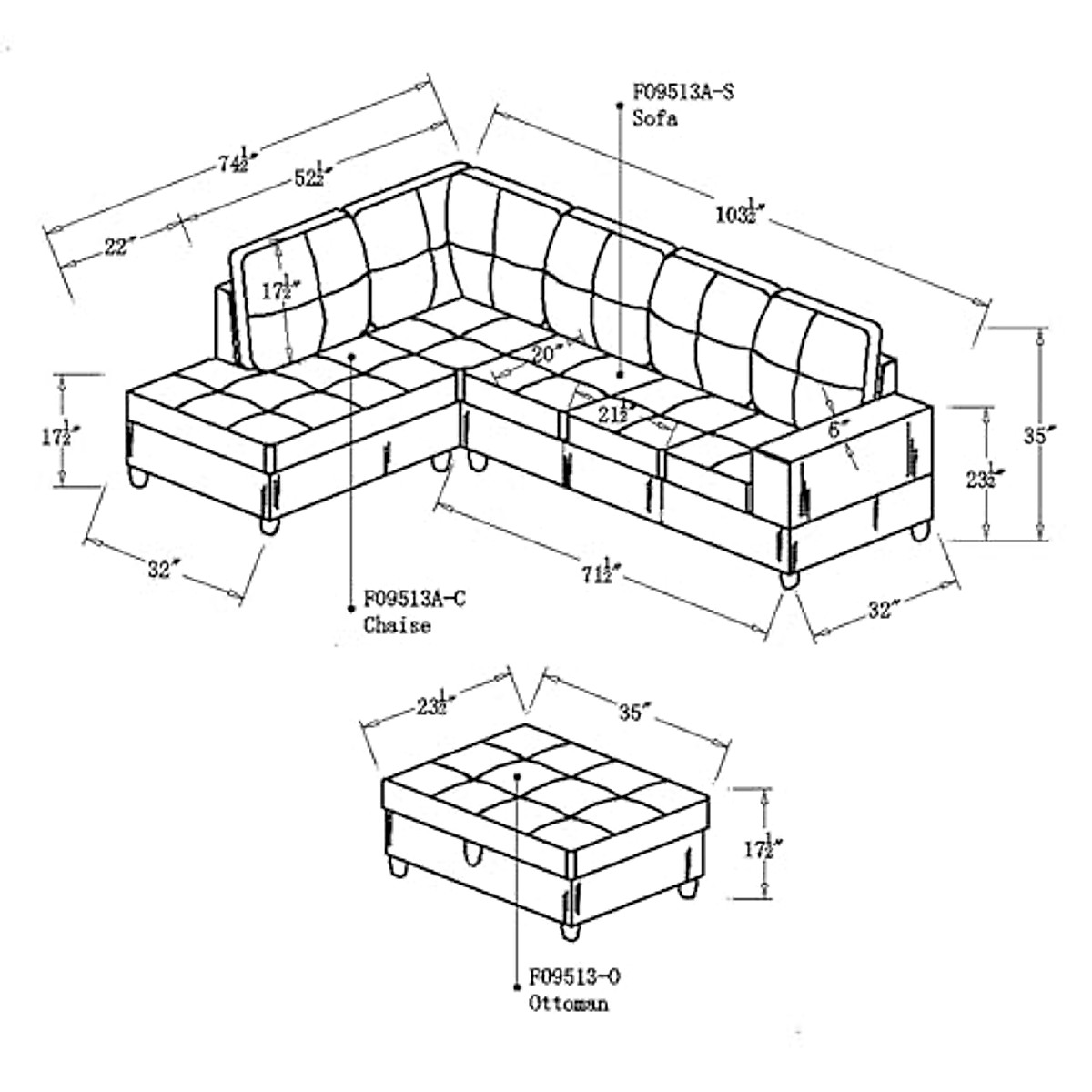 NOTOP 3-Piece Faux Leather L-Shaped Sectional Sofas, Button Tufted Upholstered Couch Set with Left Chaise Longue and Storage Ottoman, for Living Room, Home, Office, Powder