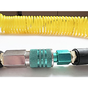 SANFU (PU) Polyurethane Recoil Air Hose 1/4”ID x 50ft with Bend Restrictor,1/4” Industrial Steel Quick Coupler and Plug, Yellow(50’)