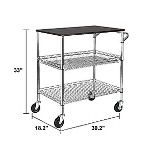Finnhomy 3 Tier Heavy Duty Commercial Grade Utility Cart with Wood Top, Wire Rolling Cart with Handle Bar, Steel Service Cart with Wheels, Utility Shelf Food Storage Trolley, NSF Listed