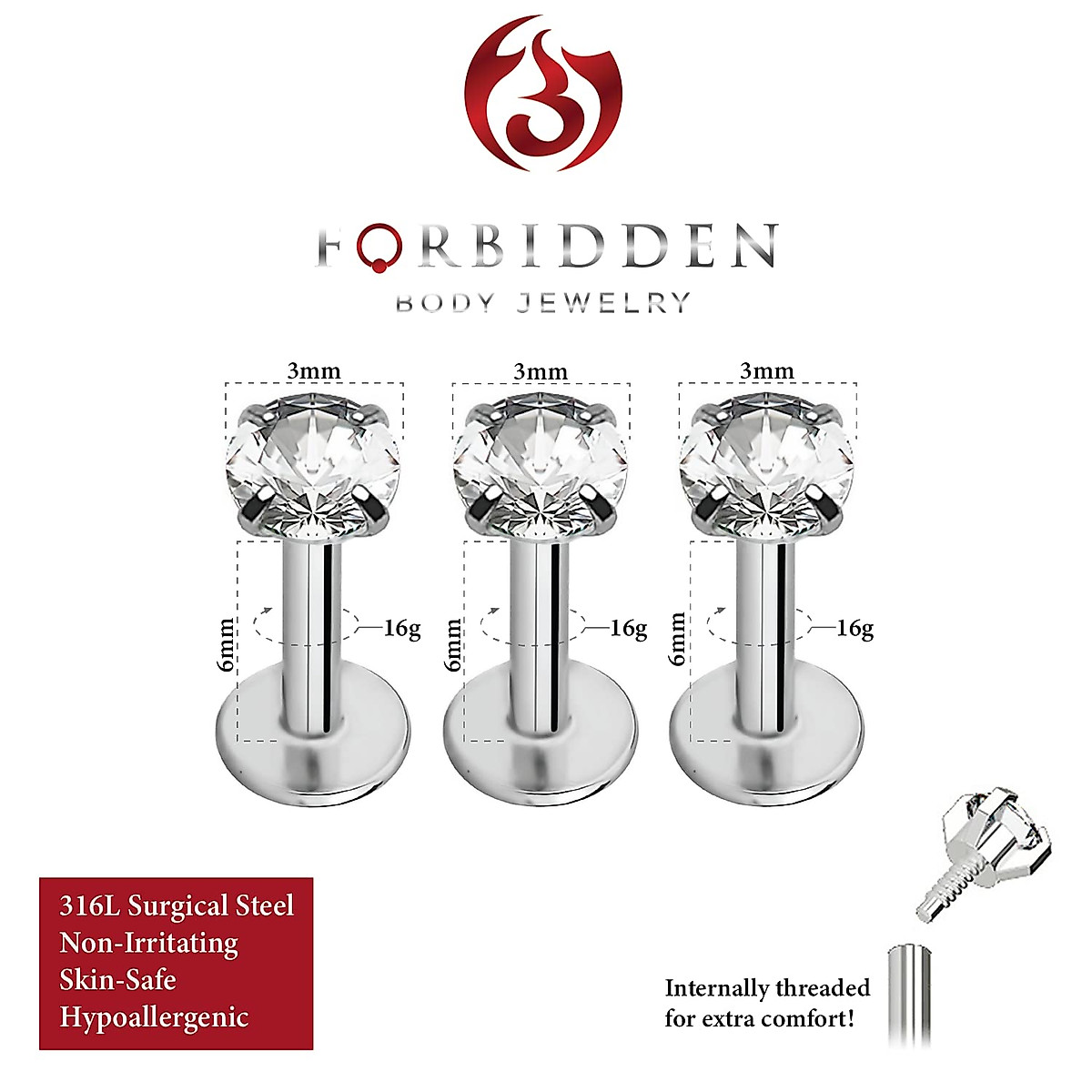 Forbidden Body Jewelry 16G Surgical Steel Labret/Cartilage/Helix/Tragus/Lip Rings, Internally Threaded Earring Studs Piercing Jewelry (3mm CZ Top)