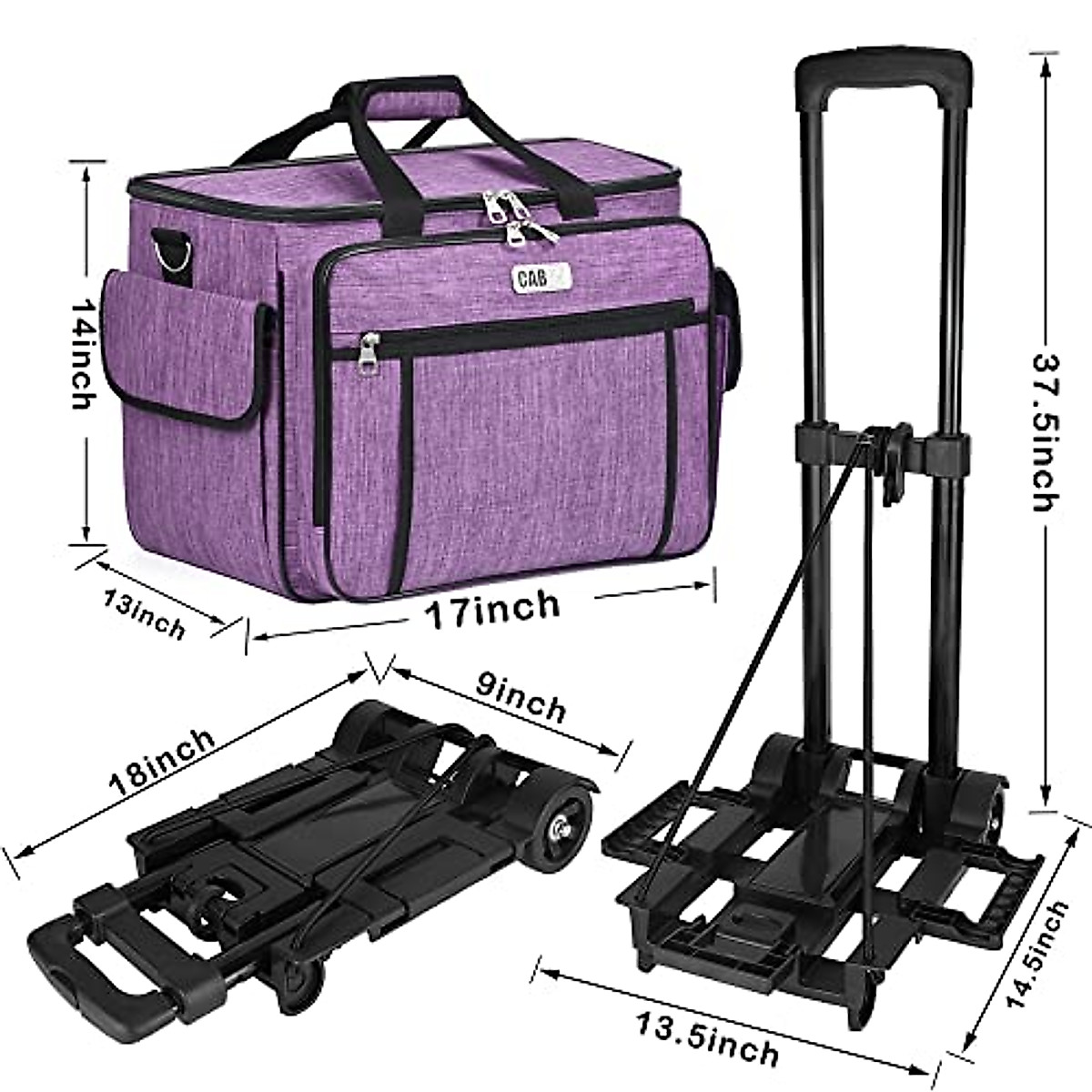 cab55 Rolling Sewing Machine Case, Detachable Rolling Sewing Machine Carrying Case on Wheels, Trolley Tote Bag with Removable Bottom Wooden Board for Most Standard Sewing Machine -Purple