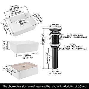KES Rectangle Bathroom Sink with Bathroom Sink Drain Combo, 16" x 12" White Ceramic Vessel Sink Above Counter with Pop Up Drain Stopper Brass and Stainless Steel Matte Black, BVS110S40+S2008D-BK