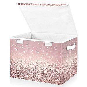 KEEPREAL Rose Gold Glitter Texture Storage Basket Bin with lid, Large Cube Storage Box Collapsible Storage Organizer for Home Office Closet - 16.5 L x 12.6 W x 11.8 H