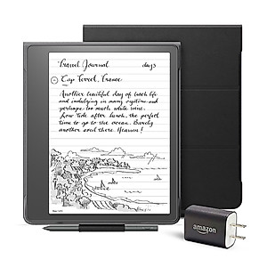 Kindle Scribe Essentials Bundle including Kindle Scribe (16 GB), Basic Pen, Leather Folio Cover with Magnetic Attach - Black, and Power Adapter