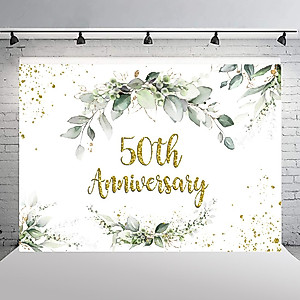 Wollmix 50th Wedding Anniversary Decorations Banners Backdrops Green Leaves Cheers to 50 Years Gold Dots Photography Background Party Sign Poster Photo Booth Props Decor Supplies 7x5ft