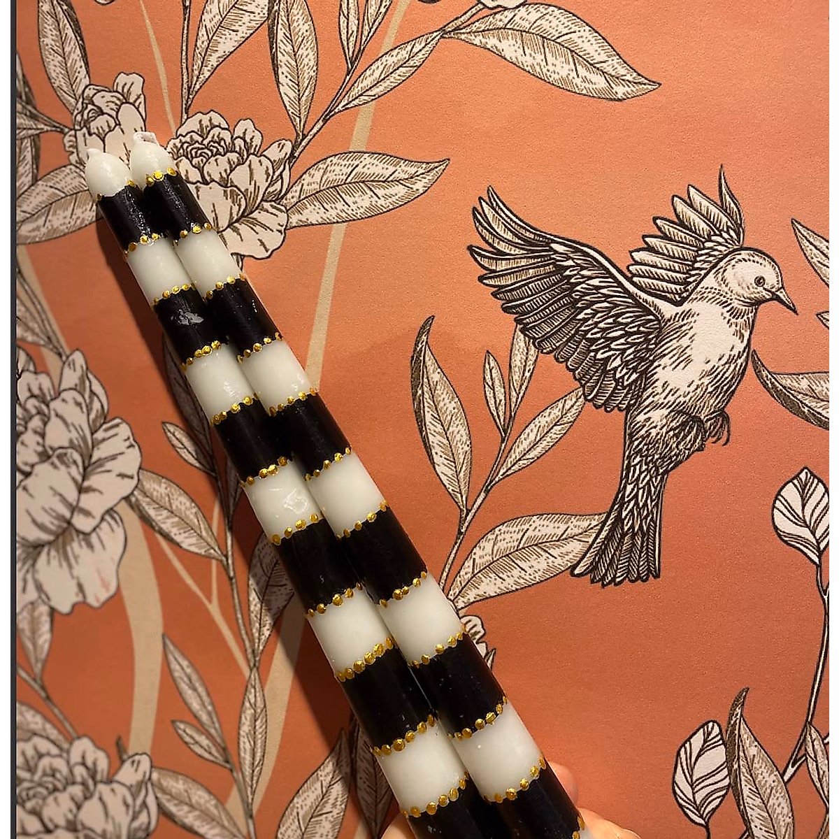 0 Handmade Decorative Hand Painted Taper Candles, 2 Pack | Striped Black & White | for Dinner Table and Interior Decoration