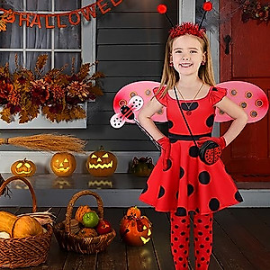 Toulite 9 Pcs Halloween Ladybug Dress Costume with Socks Red Gloves Necklace Earrings Wing for Kids Cosplay Party (51 Inches)