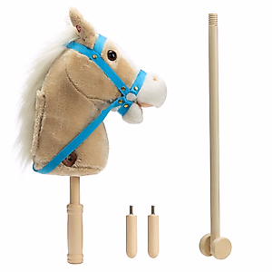 HollyHOME Stick Horse Plush Handcrafted Hobby Horse on a Stick with Wood Wheels Real Pony Neighing and Galloping Sounds for Kids Toddlers Beige 36 Inches(AA Batteries Required)