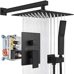 gotonovo Rainfall Bathroom Shower System Rain Shower Head and Handle Set Wall Mounted Shower Complete Combo Solid Brass Pressure Balancing Shower Mixer Valve 12 Inch Matte Black