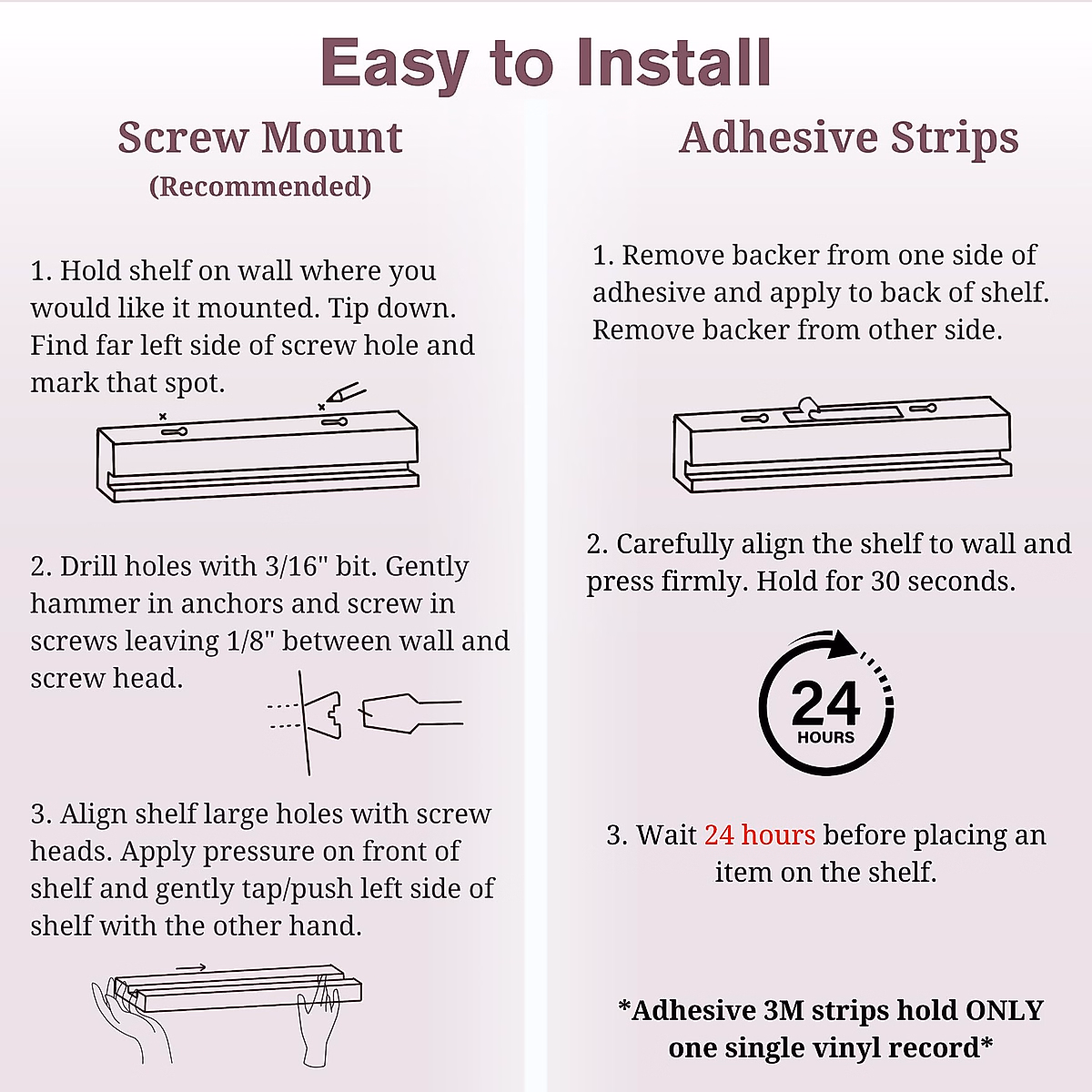 Vinyl Wall Mount Pack of 6 Pinewood Vinyl Record Holder Wall Mount with 2 Mounting Options Vinyl Shelf Walnut Stain Finish Vinyl Record Display - Vinyl Record Shelf - Vinyl Record Wall Mount