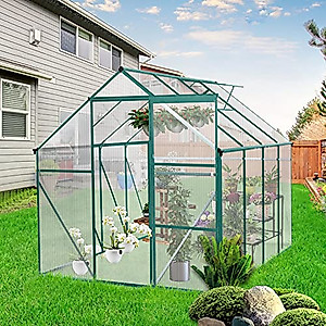 Outdoor Patio Greenhouse, Adjustable Roof Vent and Rain Gutter for Plants,Walk-in Polycarbonate Greenhouse, Garden Greenhouse for Flowers in Winter, Garden, Backyard,Silver-6 x 8 FT
