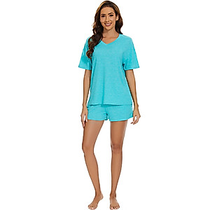 LOCUBE Women's Pajama Sets Short Sleeve Lounge Set Soft Comfy Stretch Casual Pj V-Neck Shirt and Shorts with Pocket (Aqua, X-Large)
